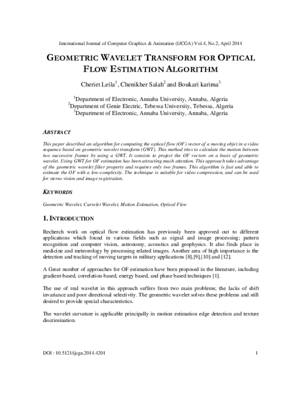 (PDF) Geometric Wavelet Transform for Optical Flow Estimation Algorithm