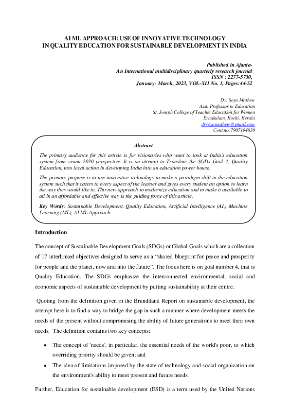 (PDF) AI ML APPROACH: USE OF INNOVATIVE TECHNOLOGY IN QUALITY EDUCATION FOR SUSTAINABLE ...