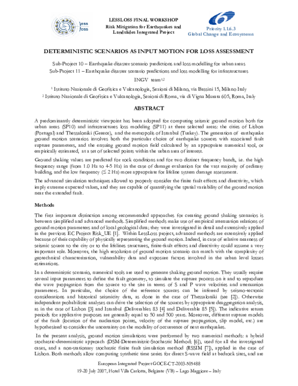 (PDF) Deterministic Scenarios as Input Motion for Loss Assessment