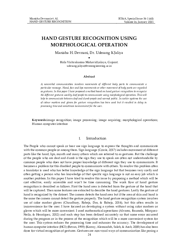 (PDF) Morphological Approach to Hand Gesture Recognition for Deaf Communication