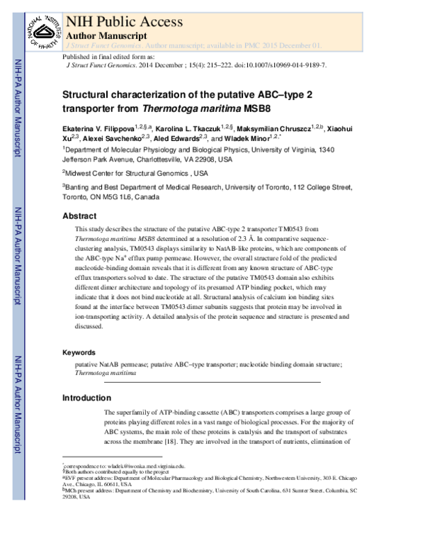 (PDF) Structural characterization of the putative ABC-type 2 transporter from Thermotoga ...