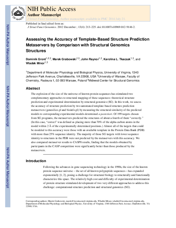 (PDF) Assessing the accuracy of template-based structure prediction metaservers by comparison ...