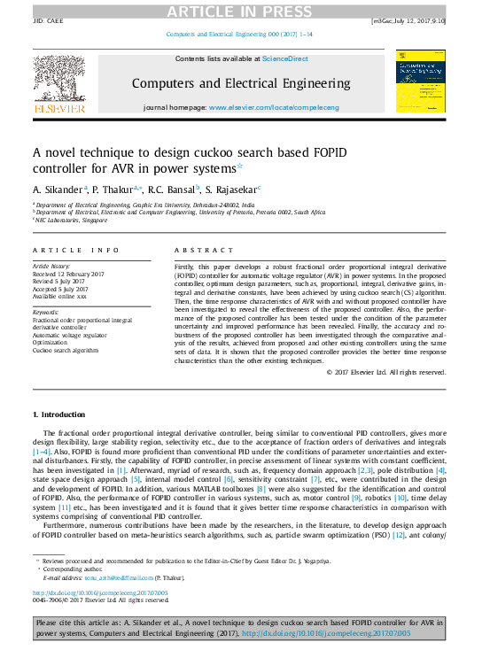 Pdf A Novel Technique To Design Cuckoo Search Based Fopid Controller For Avr In Power Systems