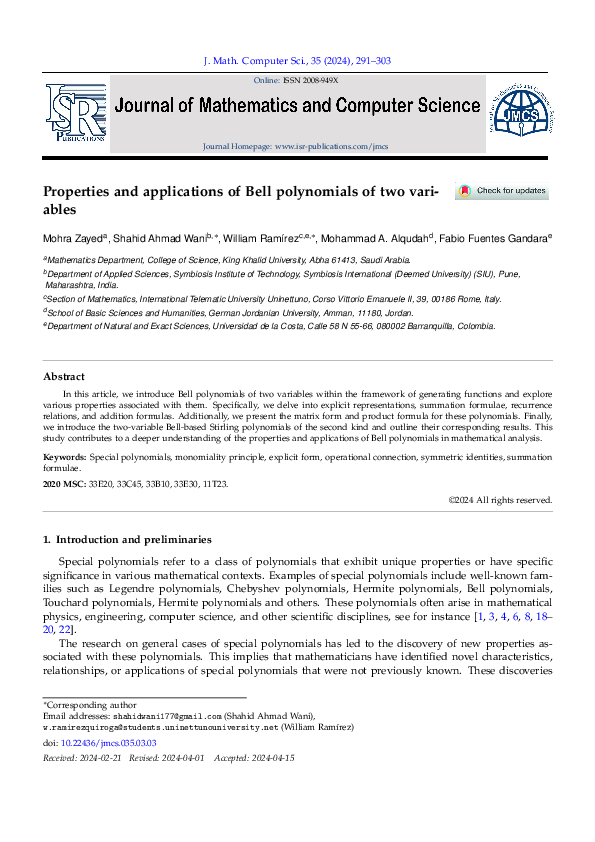 (PDF) Properties and applications of Bell polynomials of two variables