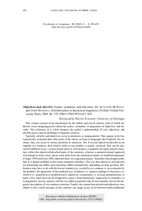 (PDF) Adjectives and adverbs: Syntax, semantics, and discourse (review)