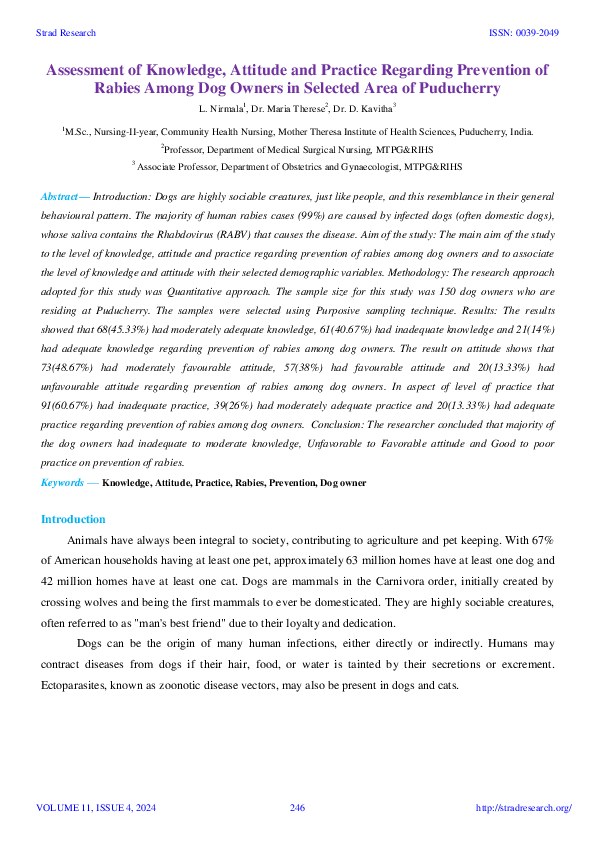 (PDF) Assessment of Knowledge, Attitude and Practice Regarding Prevention of Rabies Among Dog ...
