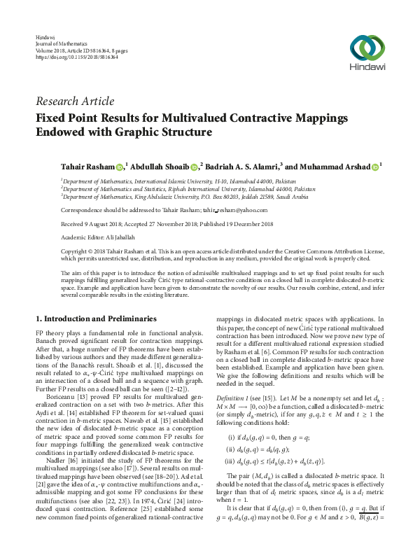 (PDF) Fixed Point Results for Multivalued Contractive Mappings Endowed with Graphic Structure
