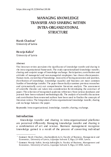 (PDF) Managing Knowledge Transfer and Sharing within Intra-Organizational Structure