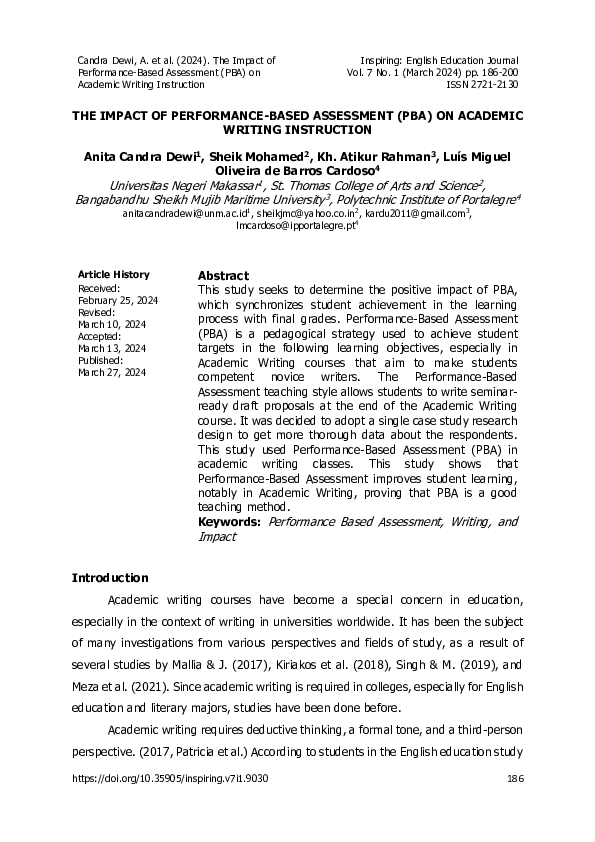 (PDF) THE IMPACT OF PERFORMANCE-BASED ASSESSMENT (PBA) ON ACADEMIC ...