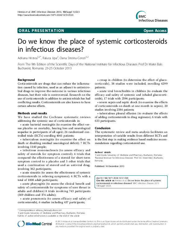 (PDF) Do we know the place of systemic corticosteroids in infectious diseases?