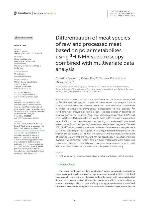 (PDF) Differentiation of meat species of raw and processed meat based ...