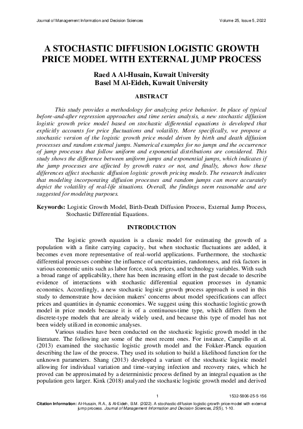 (PDF) A STOCHASTIC DIFFUSION LOGISTIC GROWTH PRICE MODEL WITH EXTERNAL ...