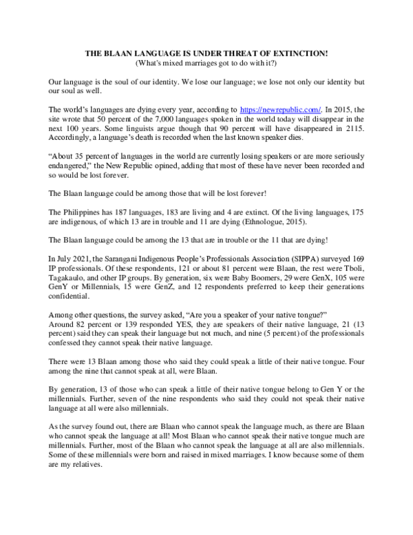 (PDF) THE BLAAN LANGUAGE IS UNDER THREAT OF EXTINCTION