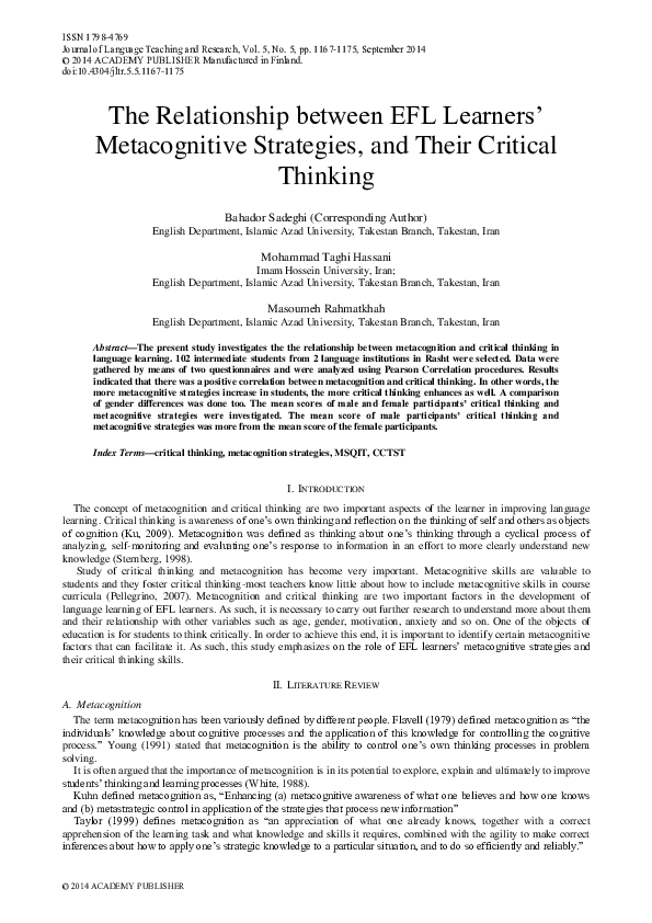 (PDF) The Relationship between EFL Learners’ Metacognitive Strategies, and Their Critical Thinking