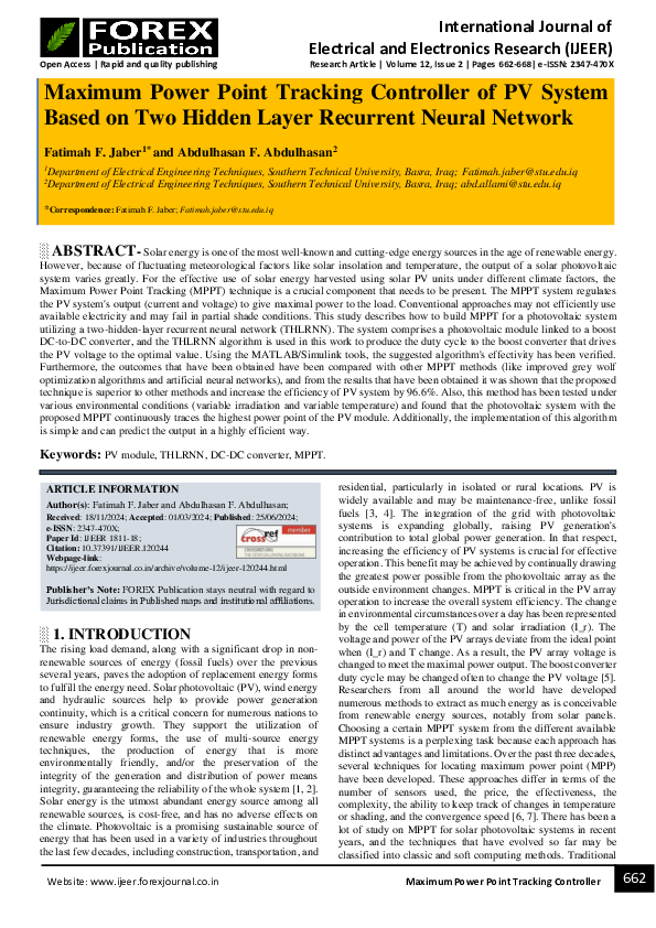 Pdf Maximum Power Point Tracking Controller Of Pv System Based On Two Hidden Layer Recurrent