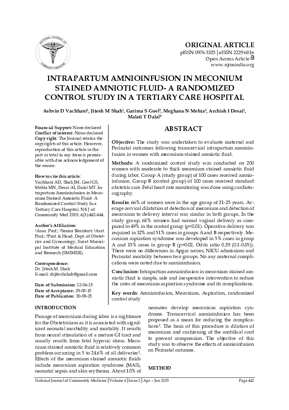 (PDF) INTRAPARTUM AMNIOINFUSION IN MECONIUM STAINED AMNIOTIC FLUID-A RANDOMIZED CONTROL STUDY IN ...
