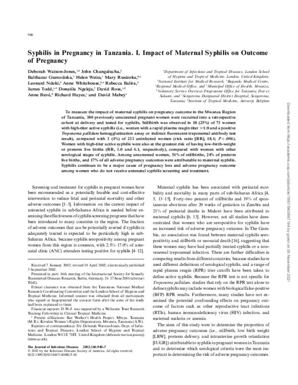 (PDF) Syphilis in Pregnancy in Tanzania. I. Impact of Maternal Syphilis ...