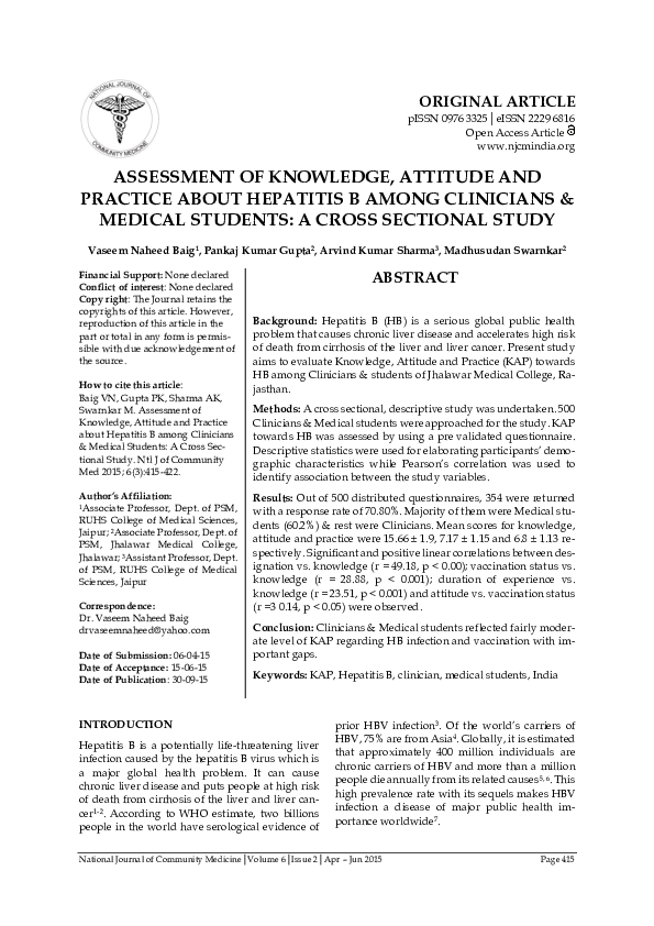 (PDF) ASSESSMENT OF KNOWLEDGE, ATTITUDE AND PRACTICE ABOUT HEPATITIS B AMONG CLINICIANS ...