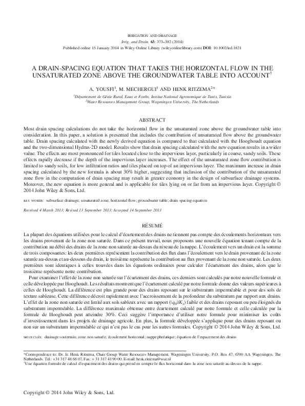 (PDF) A Drain-Spacing Equation That Takes the Horizontal Flow in the ...