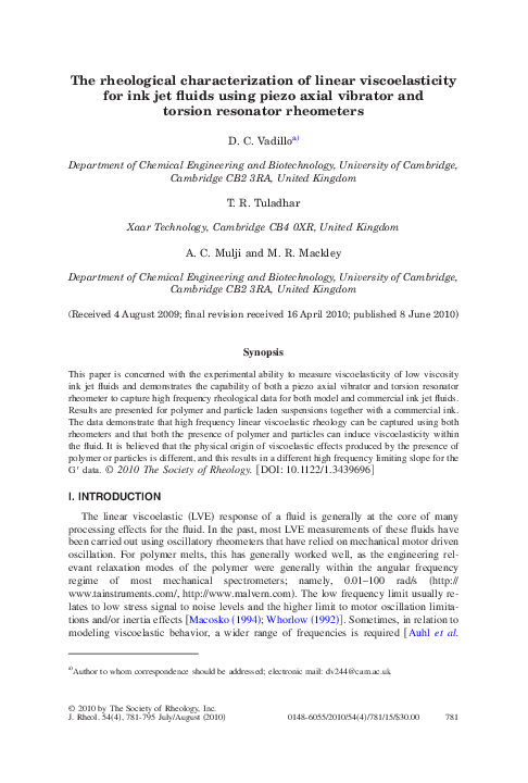 (PDF) The rheological characterization of linear viscoelasticity for ink jet fluids using piezo ...