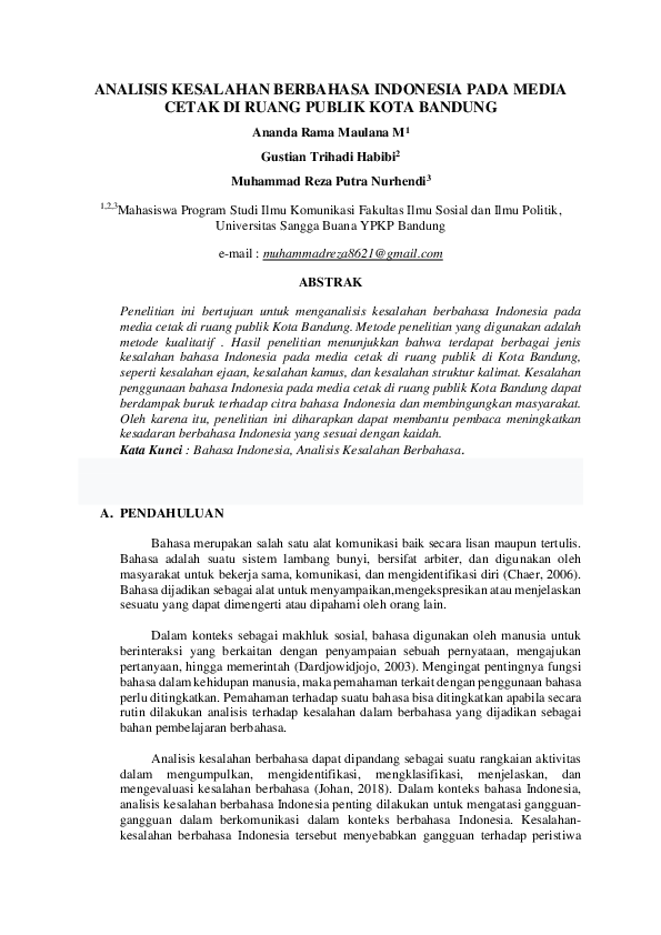 (PDF) ANALISIS KESALAHAN BERBAHASA INDONESIA PADA MEDIA CETAK DI RUANG PUBLIK KOTA BANDUNG