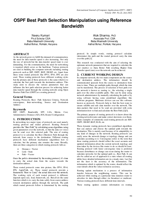 (PDF) OSPF Best Path Selection Manipulation using Reference Bandwidth