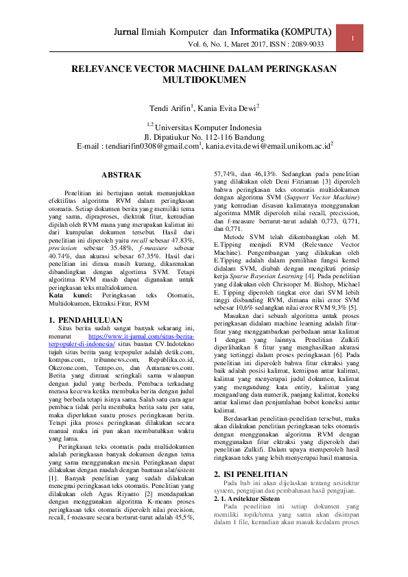(PDF) Relevance Vector Machine Dalam Peringkasan Multidokumen | Kania Dewi - Academia.edu