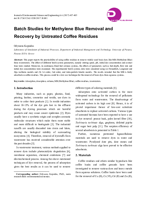 (PDF) Batch studies for methylene blue removal and recovery by ...