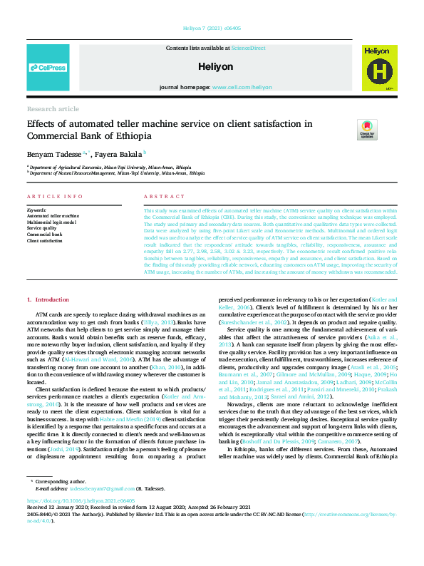 (PDF) Effects of automated teller machine service on client satisfaction in Commercial Bank of ...