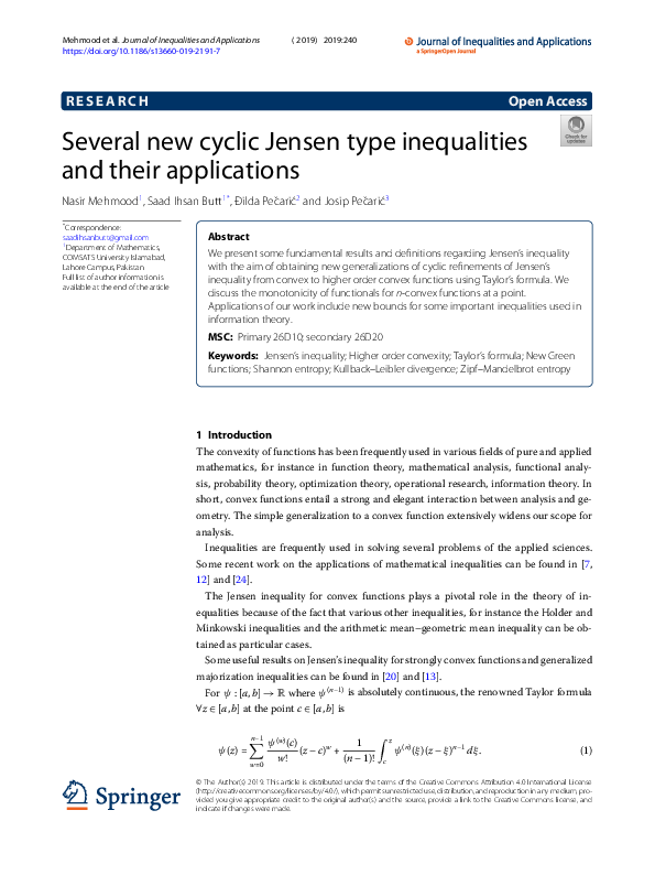 (PDF) Several new cyclic Jensen type inequalities and their applications