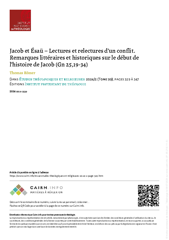 (PDF) T. Römer, « Jacob et Esaü – lectures er relectures d’un conflit ...