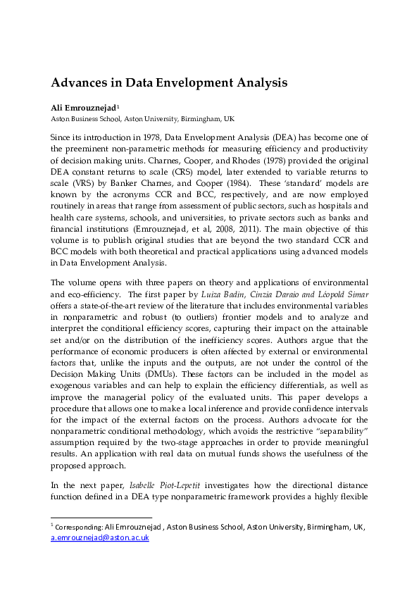(PDF) Advances in data envelopment analysis