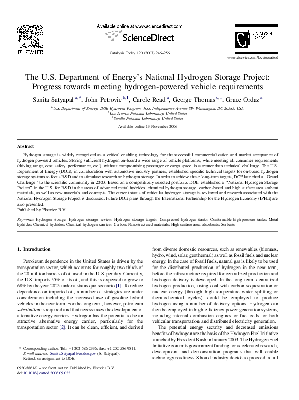 (PDF) The U.S. Department of Energy's National Hydrogen Storage Project: Progress towards ...