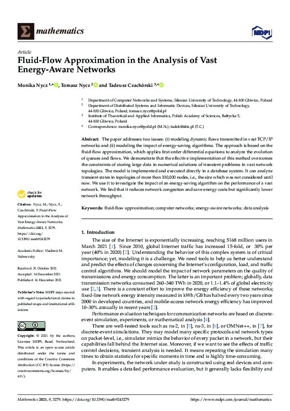 (PDF) Fluid-Flow Approximation in the Analysis of Vast Energy-Aware Networks | Monika Nycz ...