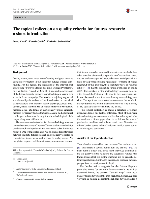 (PDF) The topical collection on quality criteria for futures research ...