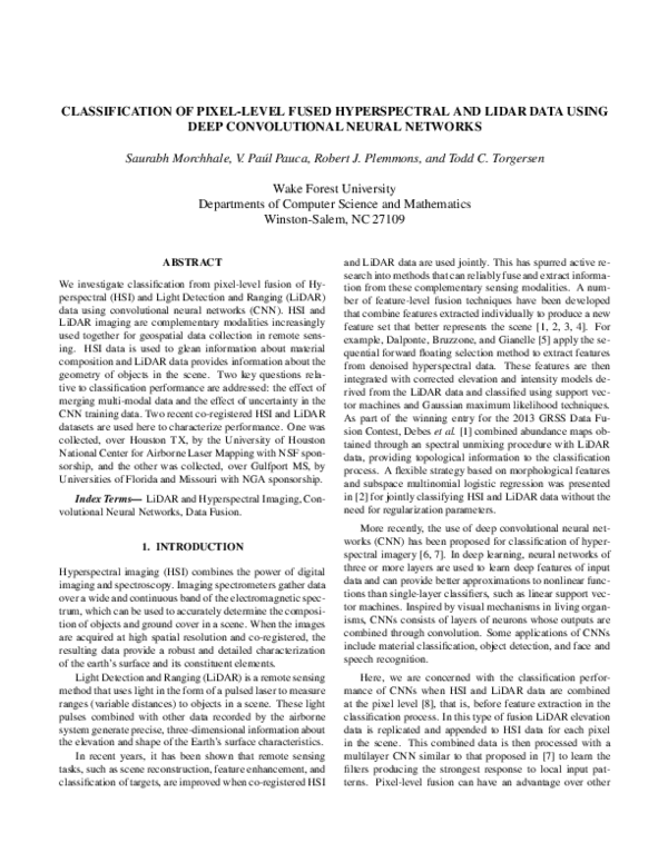 (PDF) Classification of pixel-level fused hyperspectral and lidar data using deep convolutional ...