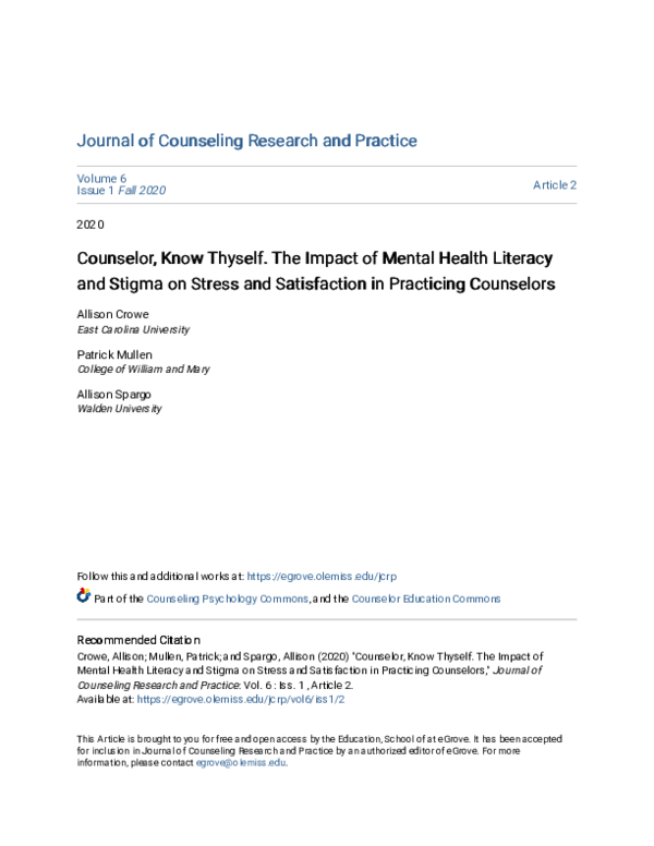 (PDF) Counselor, Know Thyself. The Impact of Mental Health Literacy and Stigma on Stress and ...