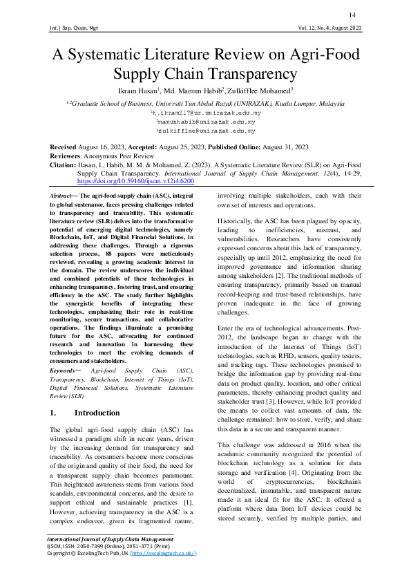 (PDF) A Systematic Literature Review on Agri-Food Supply Chain Transparency