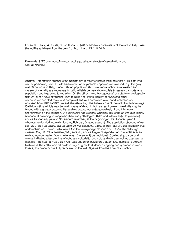 (PDF) Mortality parameters of the wolf in Italy: does the wolf keep himself from the door?