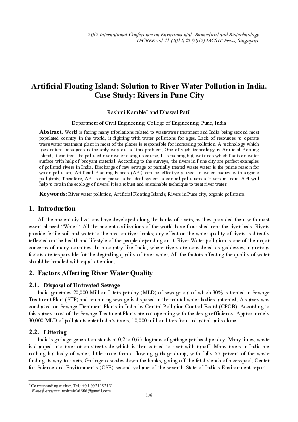(PDF) Artificial Floating Island: Solution to River Water Pollution in India. Case Study: Rivers ...