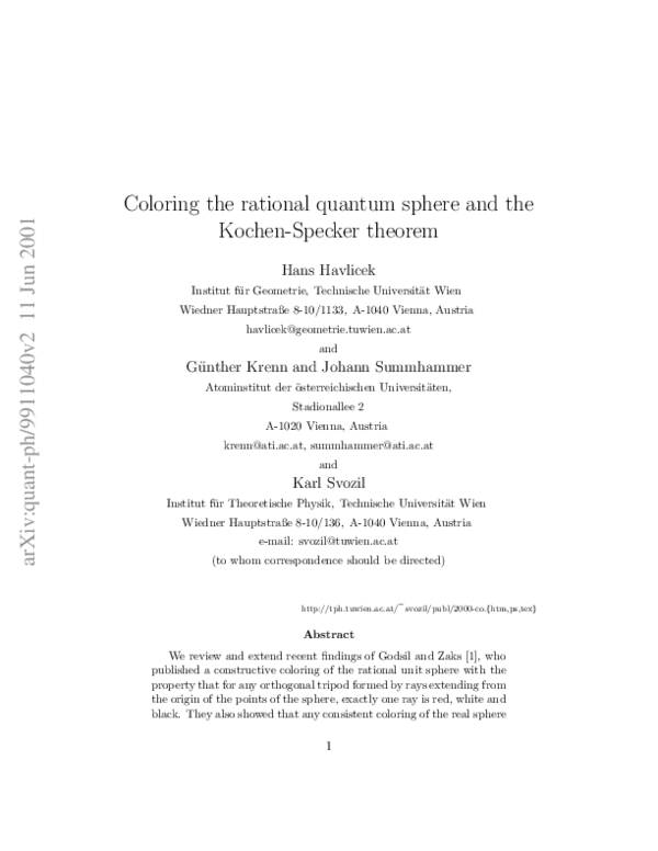 (PDF) Coloring the rational quantum sphere and the Kochen-Specker theorem