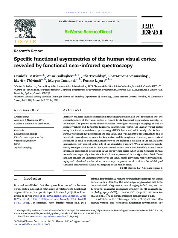 (PDF) Specific functional asymmetries of the human visual cortex revealed by functional near ...
