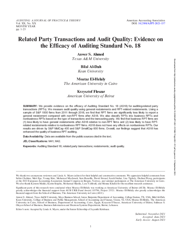 (PDF) Related Party Transactions and Audit Quality: Evidence on the Efficacy of Auditing ...
