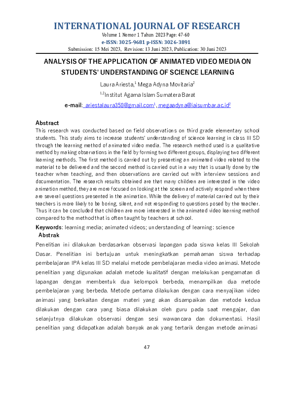 (PDF) ANALYSIS OF THE APPLICATION OF ANIMATED VIDEO MEDIA ON STUDENTS' UNDERSTANDING OF SCIENCE ...