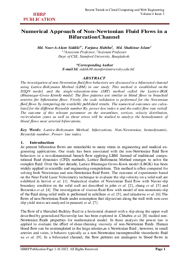 (PDF) Numerical Approach of Non-Newtonian Fluid Flows in a Bifurcation Channel | Noor Siddiki ...
