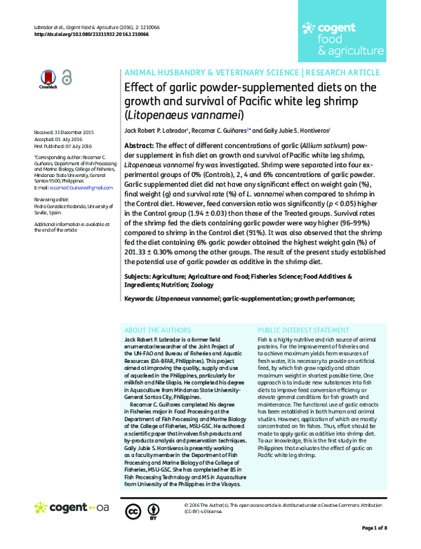 (PDF) Effect of garlic powder-supplemented diets on the growth and survival of Pacific white leg ...