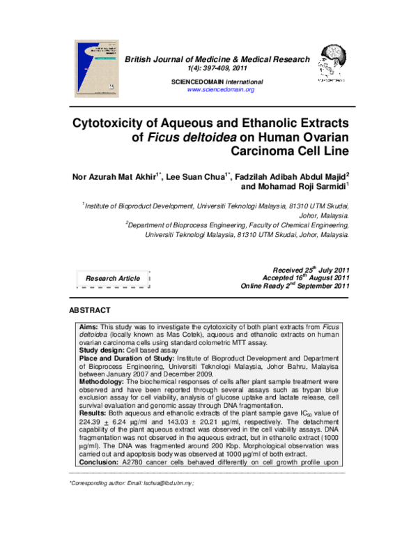 (PDF) Cytotoxicity of Aqueous and Ethanolic Extracts of Ficus deltoidea on Human Ovarian ...