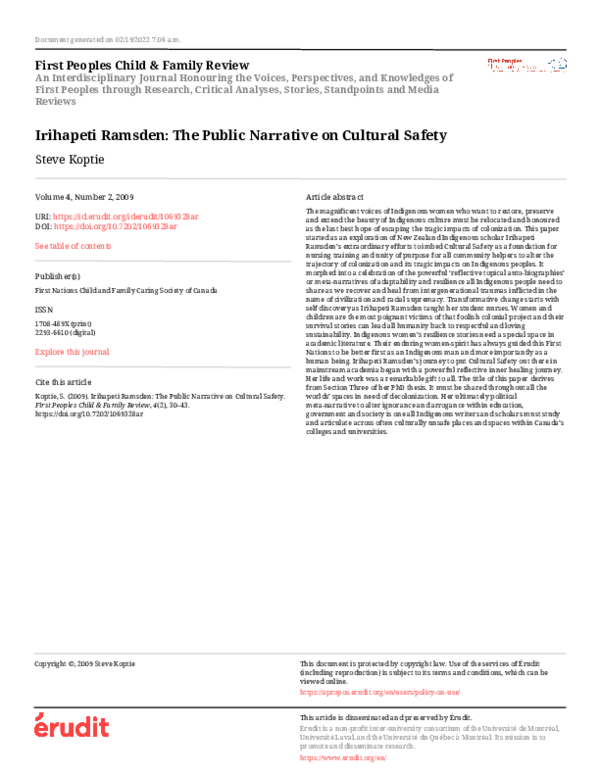 (PDF) Irihapeti Ramsden: The Public Narrative on Cultural Safety