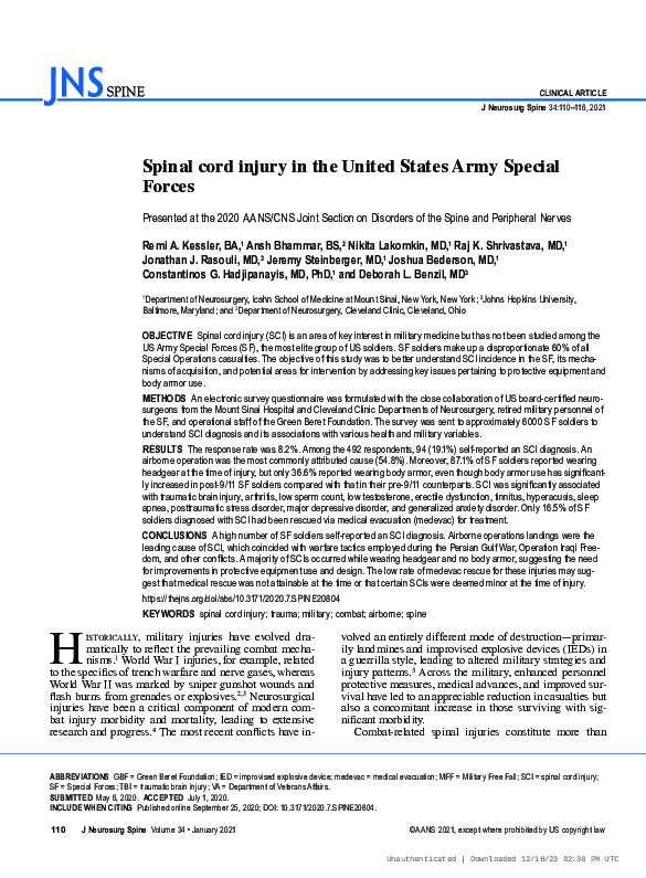 (PDF) Spinal cord injury in the United States Army Special Forces