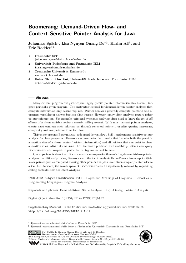 (PDF) Boomerang: Demand-Driven Flow- and Context-Sensitive Pointer Analysis for Java